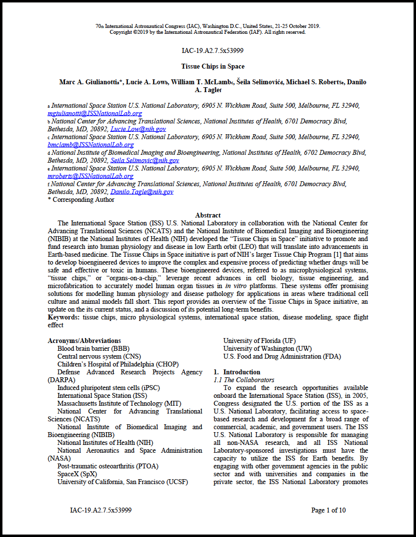 Tissue Chips in Space - ISS National Lab